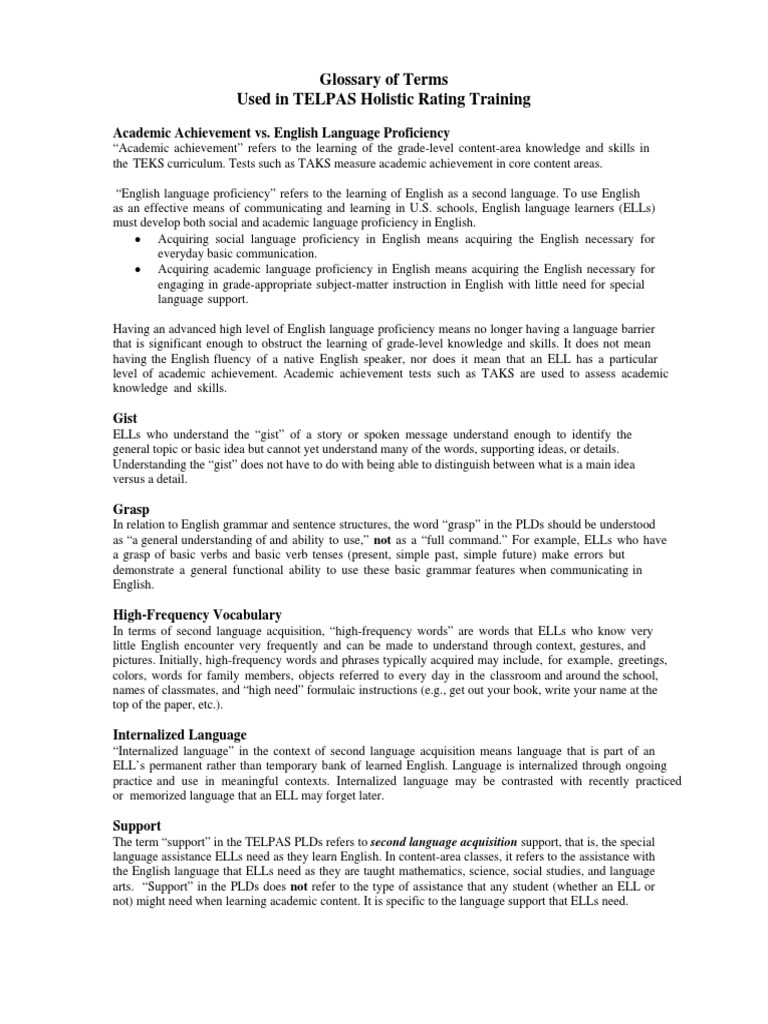 Glossary of Terms Used in TELPAS Holistic Rating Training | PDF | English Language | Language ...