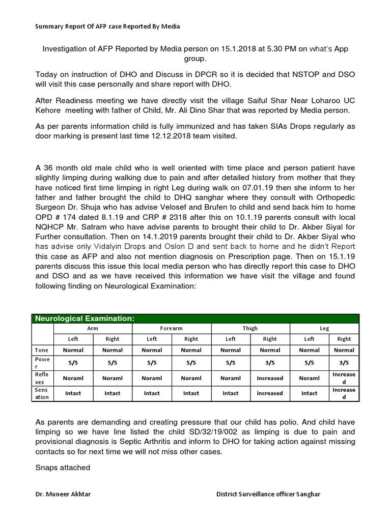 Draft Report of AFP Case Investigation | PDF | Diseases And Disorders ...