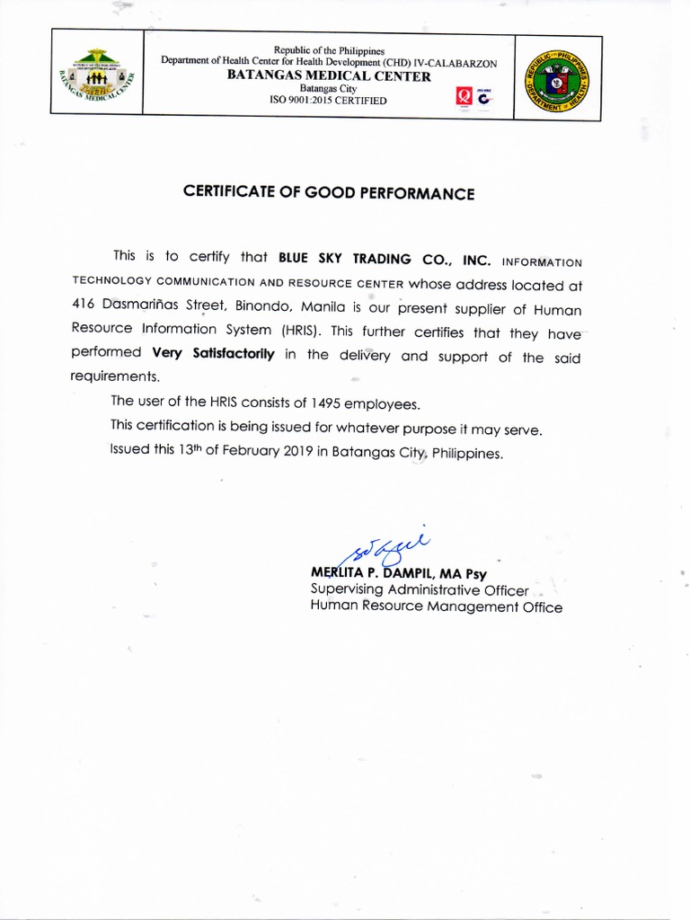 Certificate of Good Performance - Blue Sky | PDF