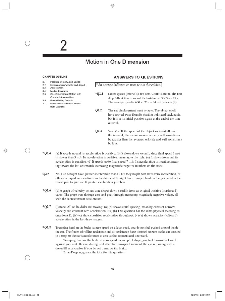 Motion in One Dimension: Answers To Questions | PDF | Acceleration | Velocity