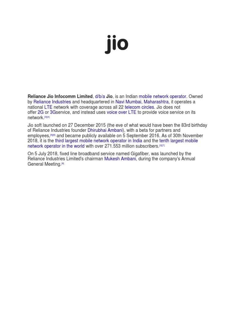 Reliance Jio Infocomm Limited | PDF