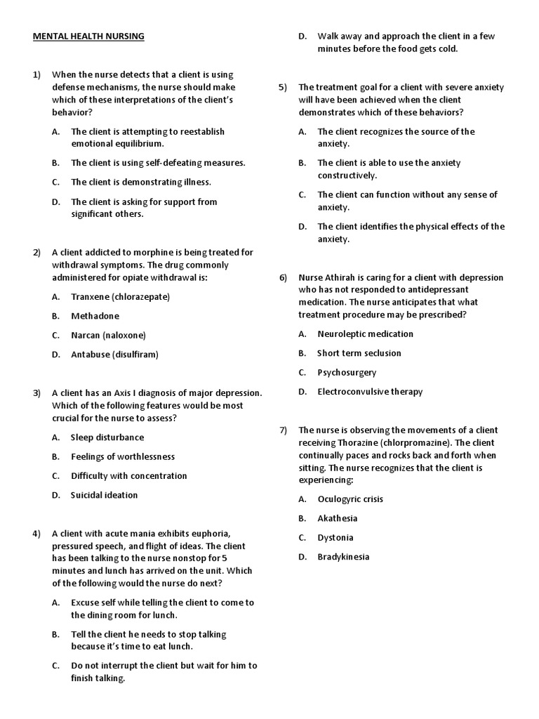 Mental Health Nursing Questions LJM Revisions | PDF | Major Depressive ...