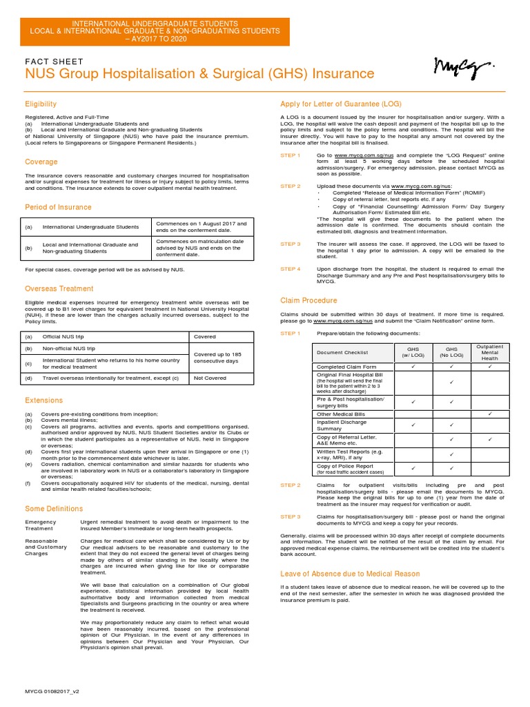 NUS Group Hospitalisation & Surgical (GHS) Insurance: Fact Sheet | PDF ...