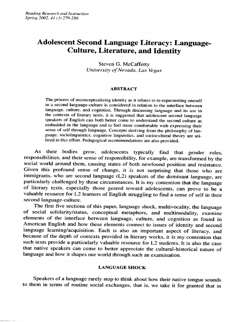 Adolescent Second Language Literacy: Language-Culture, Literature, and ...
