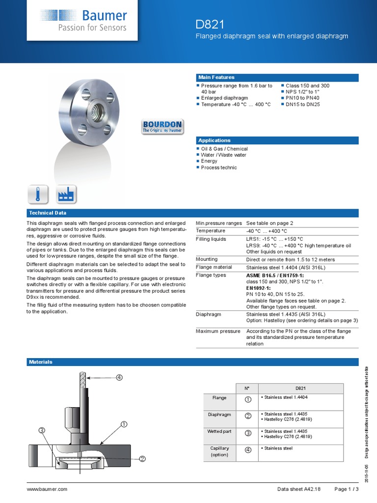 Baumer D821 DS EN 1512 | PDF | Pressure Measurement | Gases