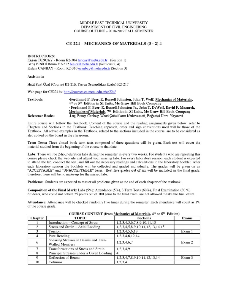 CE224 Outline Fall 18-19 | PDF | Beam (Structure) | Stress (Mechanics)