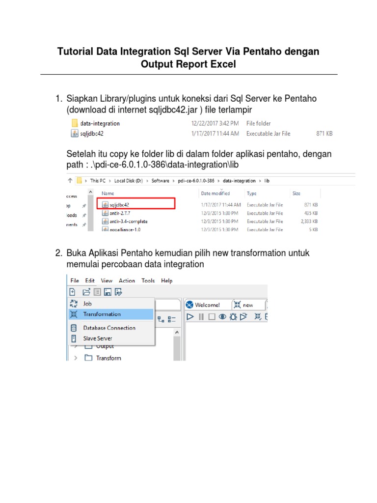 Tutorial Data Integration Sql Server Via Pentaho Dengan Output Report Excel Pdf