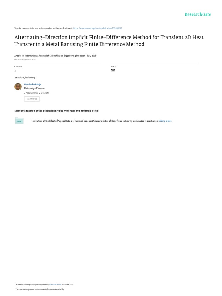 Alternating Direction Implicit Finite Difference Method For Transient 2d Heat Transfer Pdf