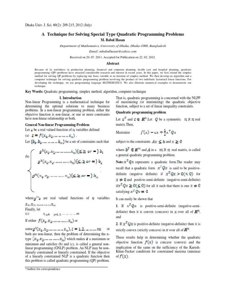 A Technique For Solving Special Type Quadratic Programming Problems | Download Free PDF ...