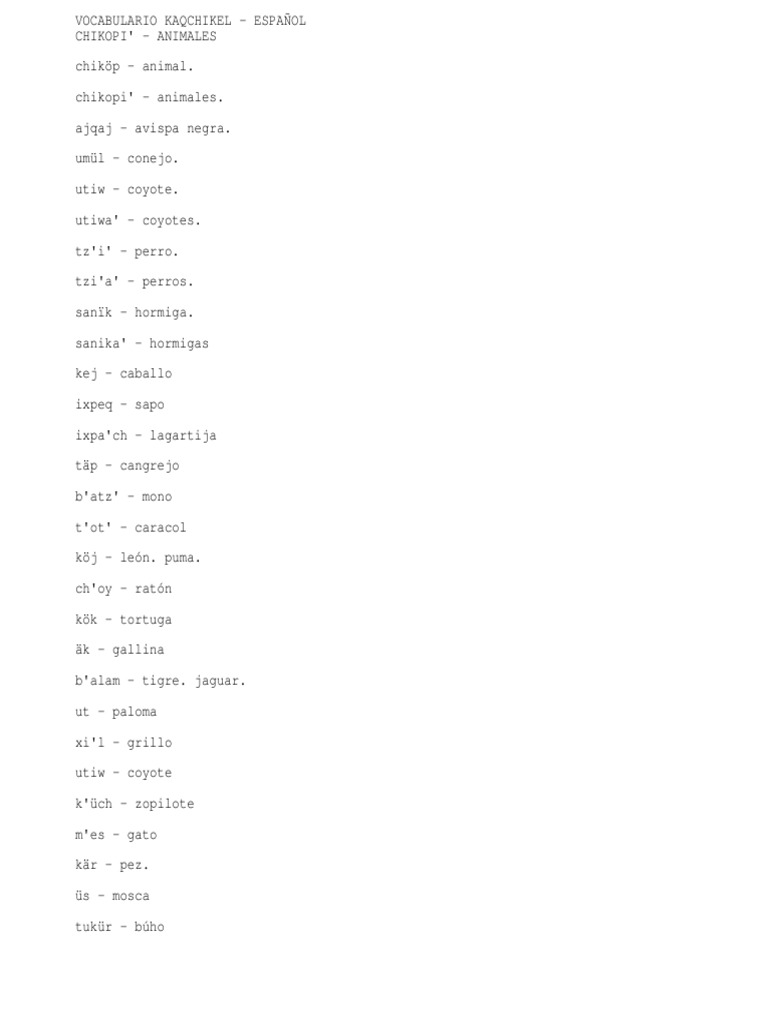 Vocabulario Kaqchikel Espanol Chikopi Animales | PDF | Organismos ...
