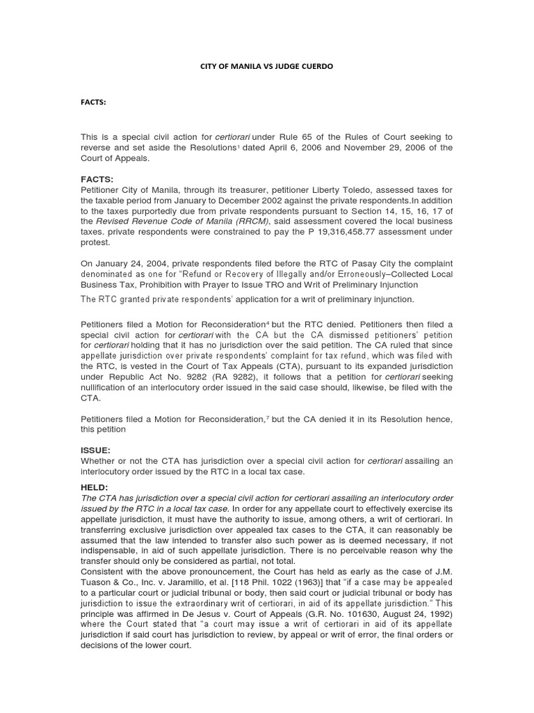 City of Manila Vs Judge Cuerdo | PDF | Certiorari | Appeal