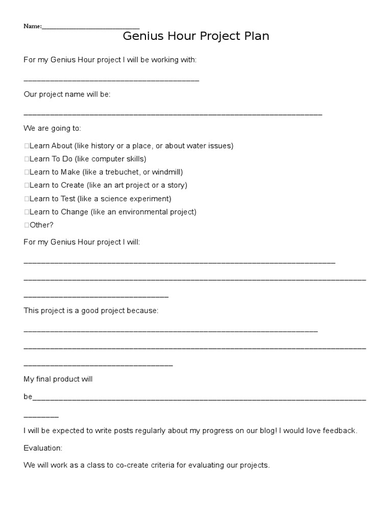 Genius Hour Project Plan: Name | PDF