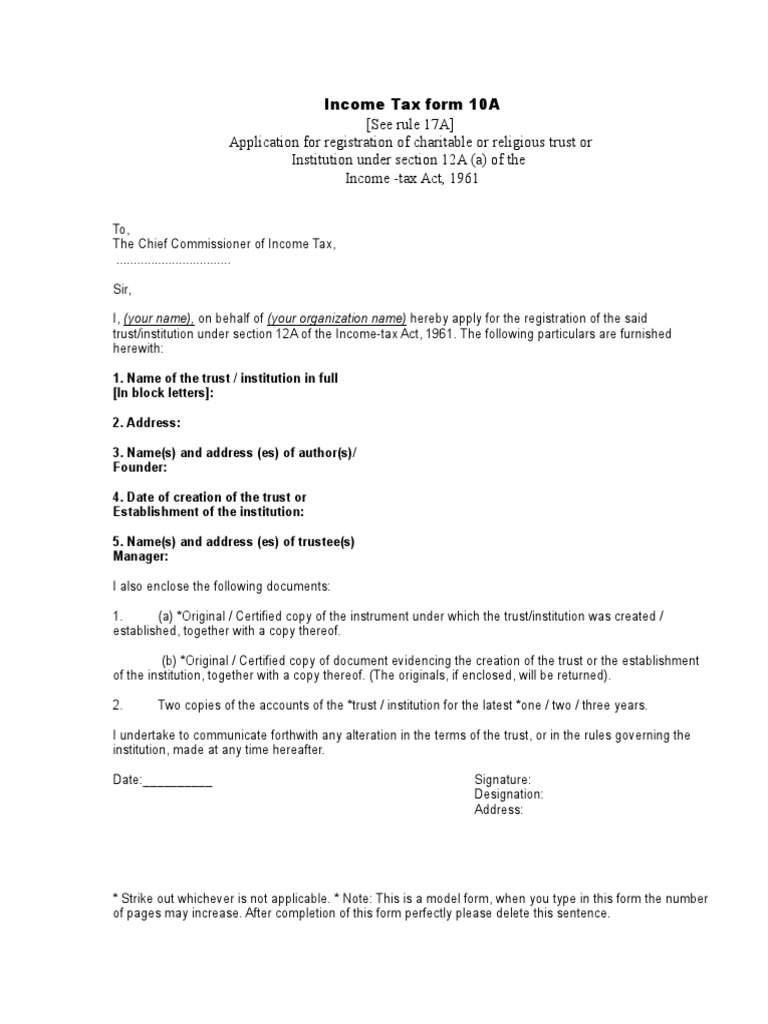 Income Tax Form 10A For 12A Registration | PDF