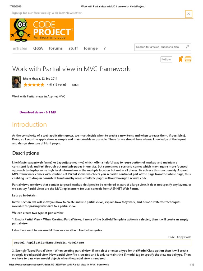 Work With Partial View In Mvc Framework Pdf Modelviewcontroller Html