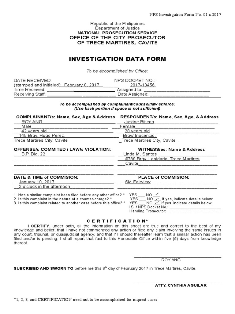 113043259 Investigation Data Form Copy | Prosecutor | Complaint