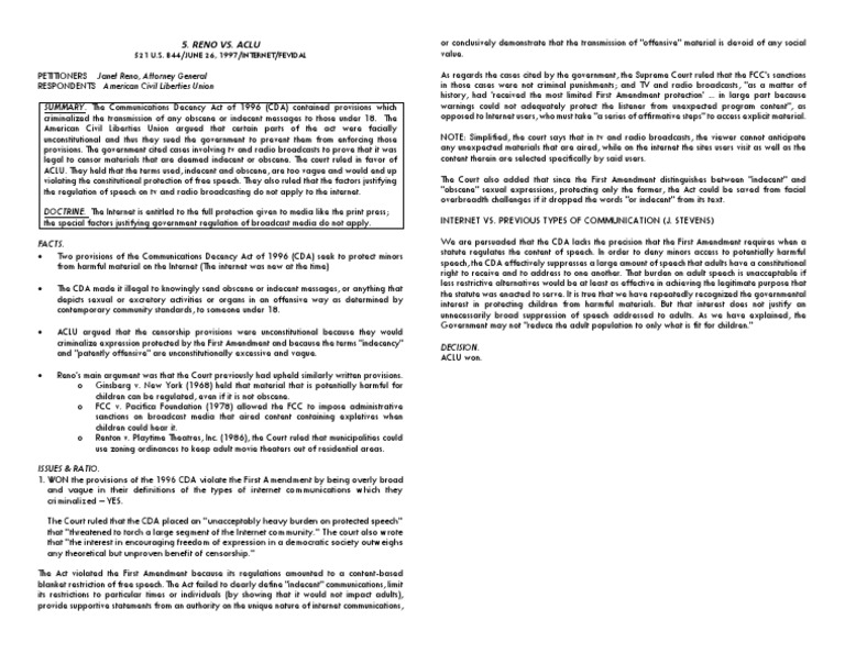 Reno vs. ACLU | PDF | Obscenity | Freedom Of Speech