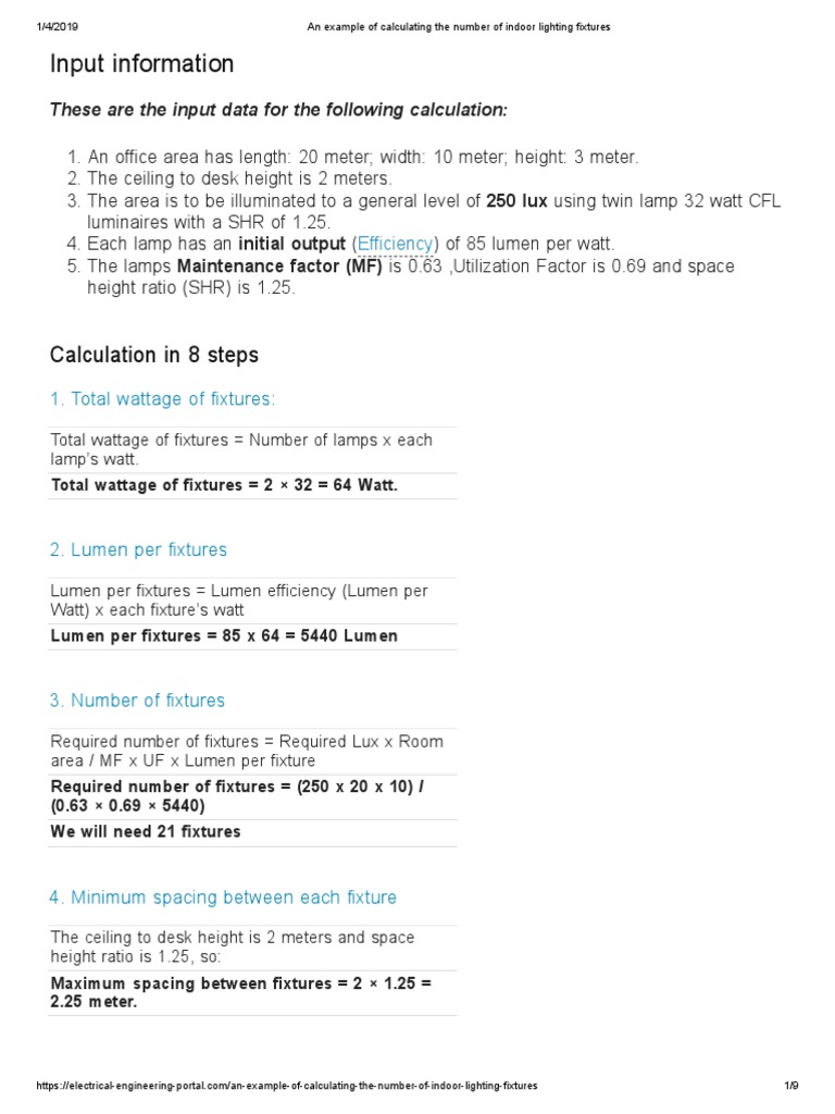 An Example of Calculating The Number of Indoor Lighting Fixtures | PDF ...