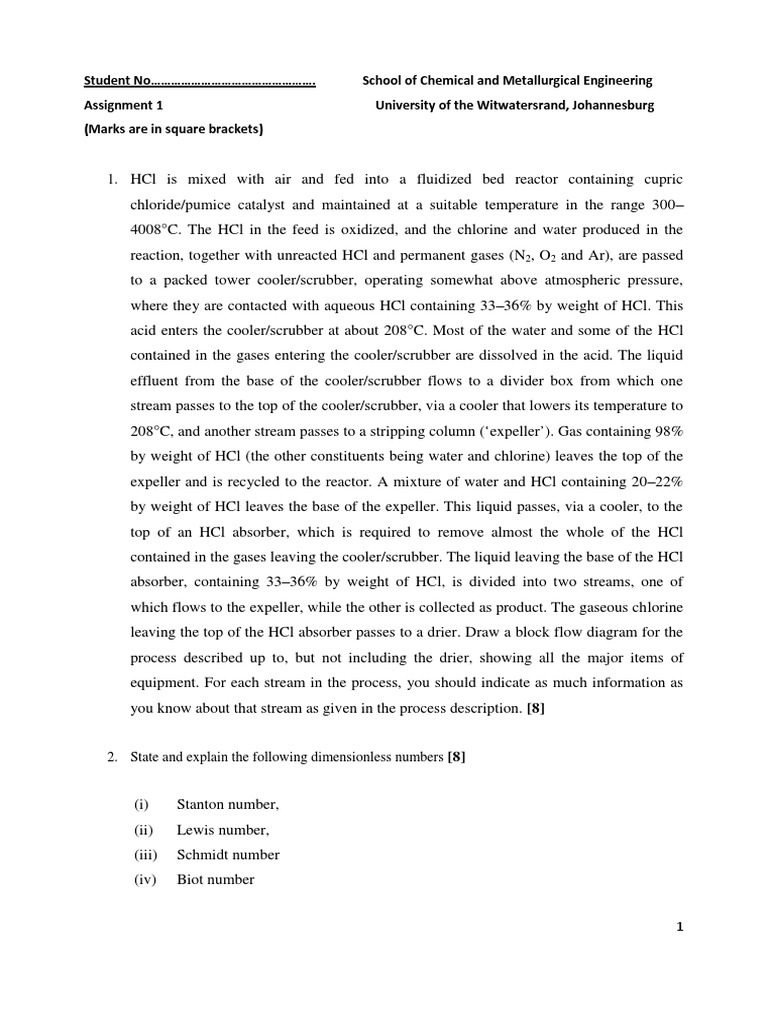 CHMT 3005 Assignment 1 - 2019 | PDF | Chemical Reactor | Chlorine