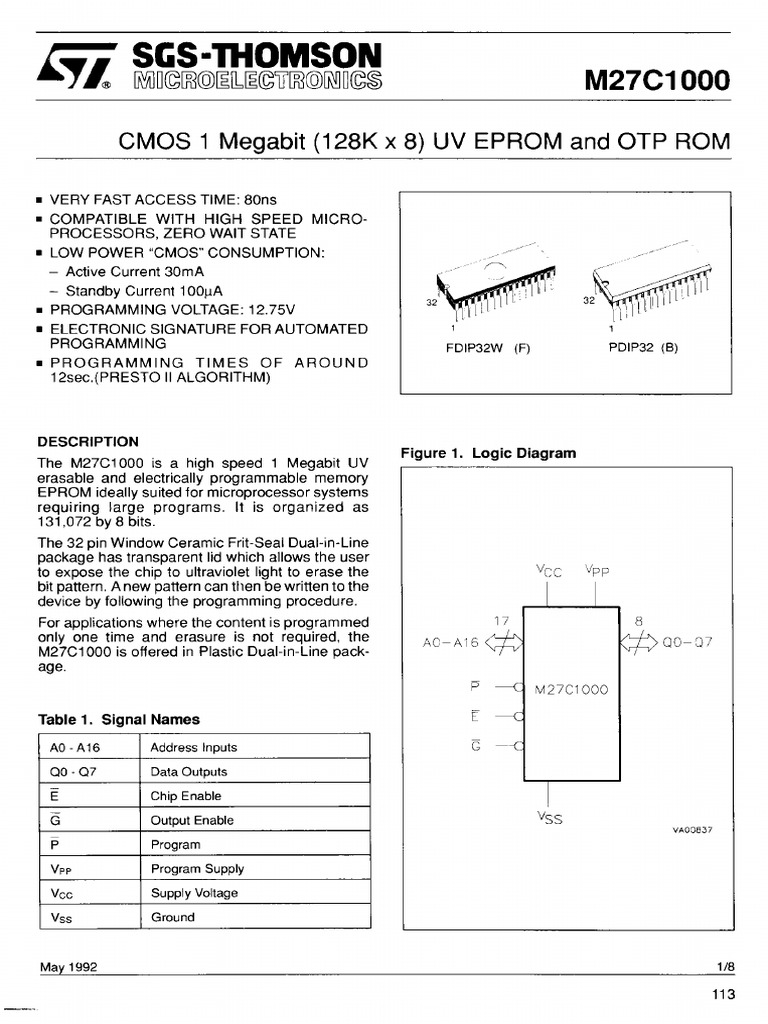 M27C1000 CMOS 1 Megabit (128K X 8) UV EPROM & OTP ROM | PDF