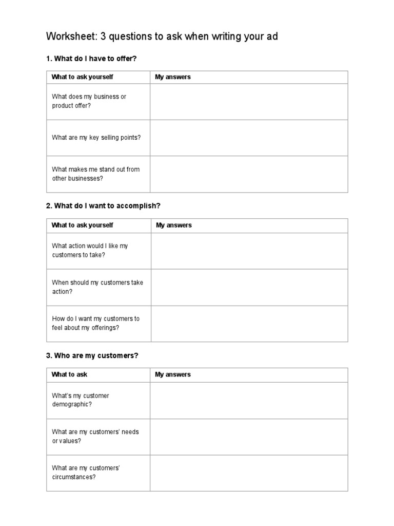 Ad Writing Worksheet: Key Questions | PDF | Career & Growth
