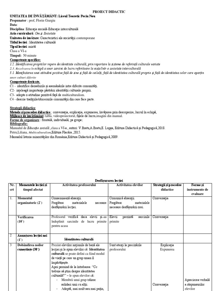 Proiect de Lectie Clasa VI a Educatie Sociala
