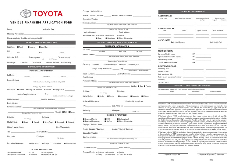 Vehicle Financing Application Form: Financial Information | PDF | Loans ...