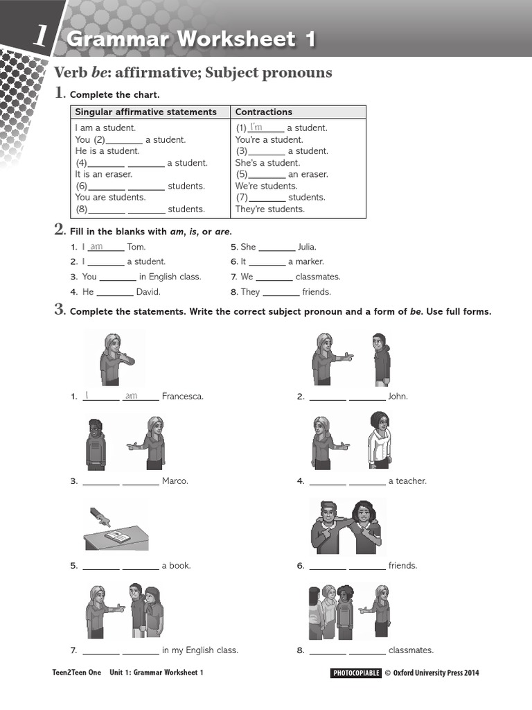 T2T - One - U1 - Grammarworksheet - 1 Verb Be Affirmative Subject Pronouns PDF | PDF