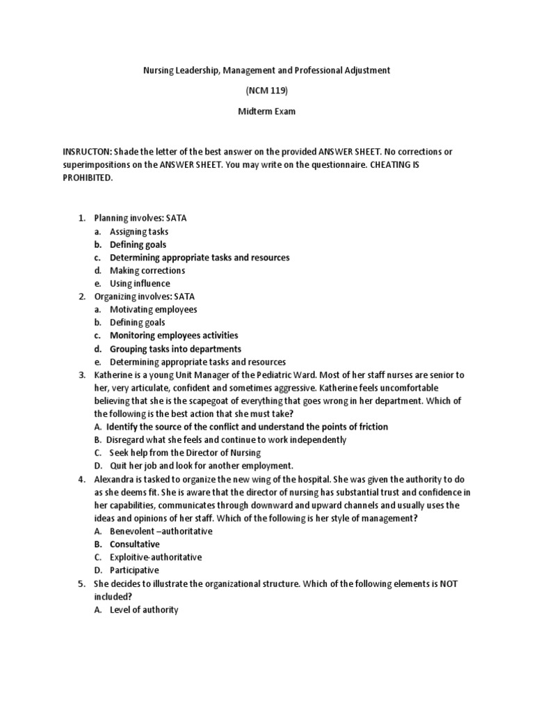 NCM 119 Midterm Exam | PDF