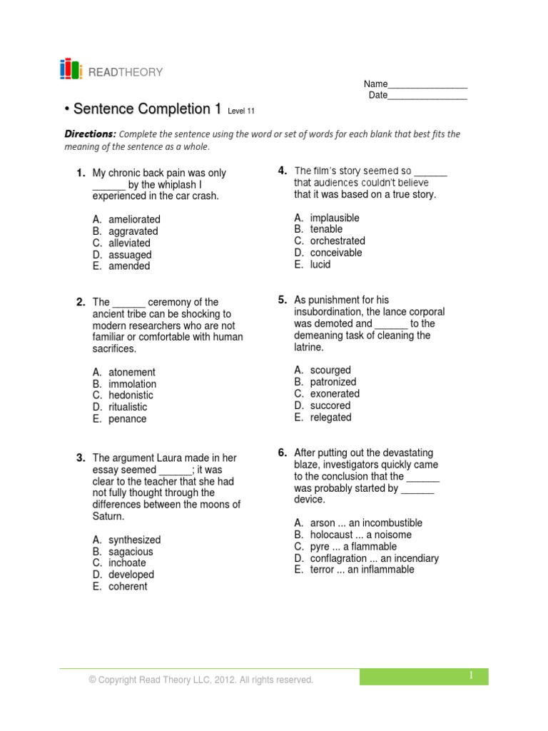 Level 11 Sentence Completion 1 | PDF
