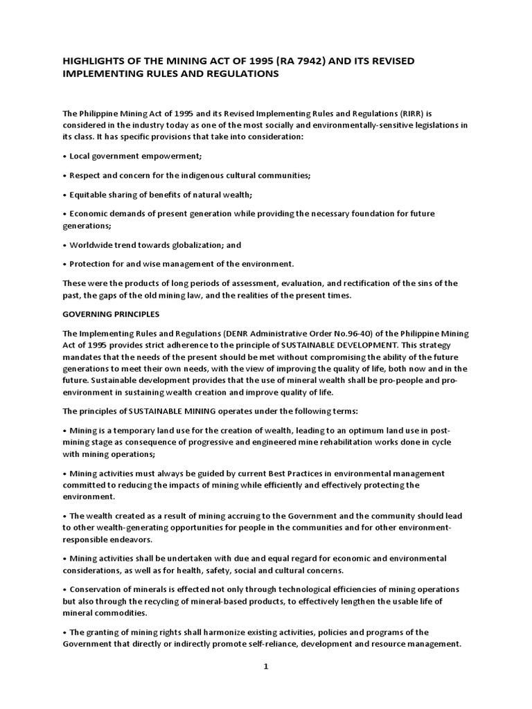 Highlights of The Mining Act of 1995 | PDF | Mining | Sustainability