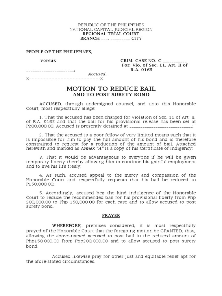 Motion To Reduce-Format | PDF | Bail | Criminal Procedure
