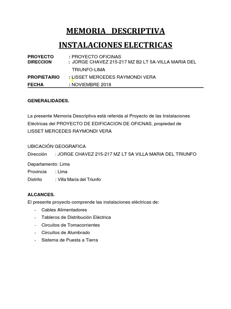 Memoria Descriptiva de Instalaciones Electricas-Oficinas | PDF | Distribución de energía ...