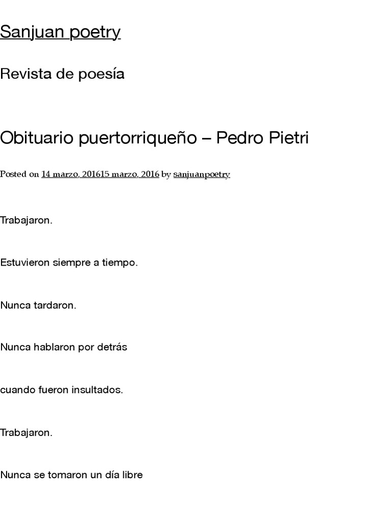 Obituario Puertorriqueño - Pedro Pietri - Sanjuan Poetry | PDF
