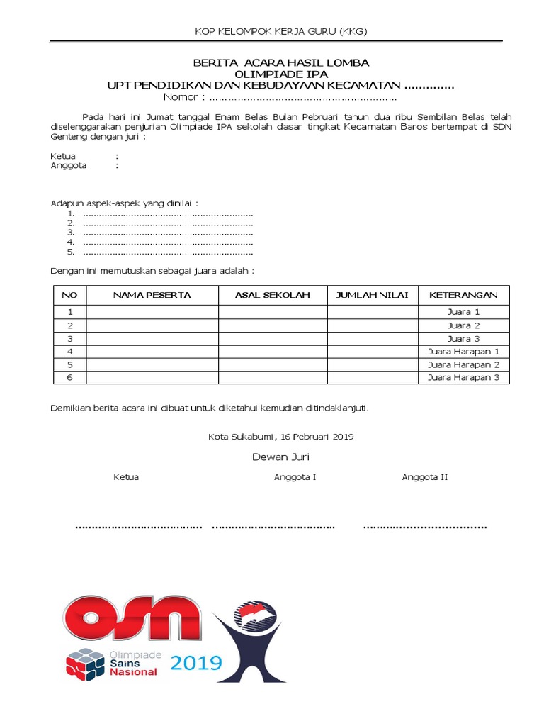 Berita Acara Lomba Osn 2019 | PDF