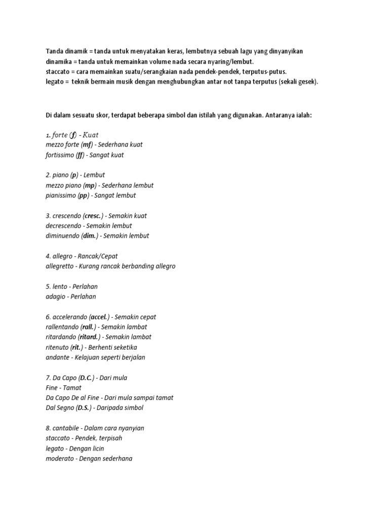 Arti dan Fungsi Tanda Dinamik Musik | PDF | Seni & Disiplin Bahasa | Seni