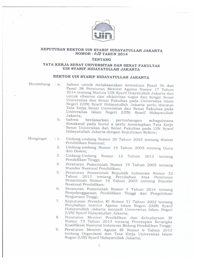 SK REKTOR NO 635 TAHUN 2014 Tentang Tata Kerja Senat Universitas Dan Fakultas PDF | PDF