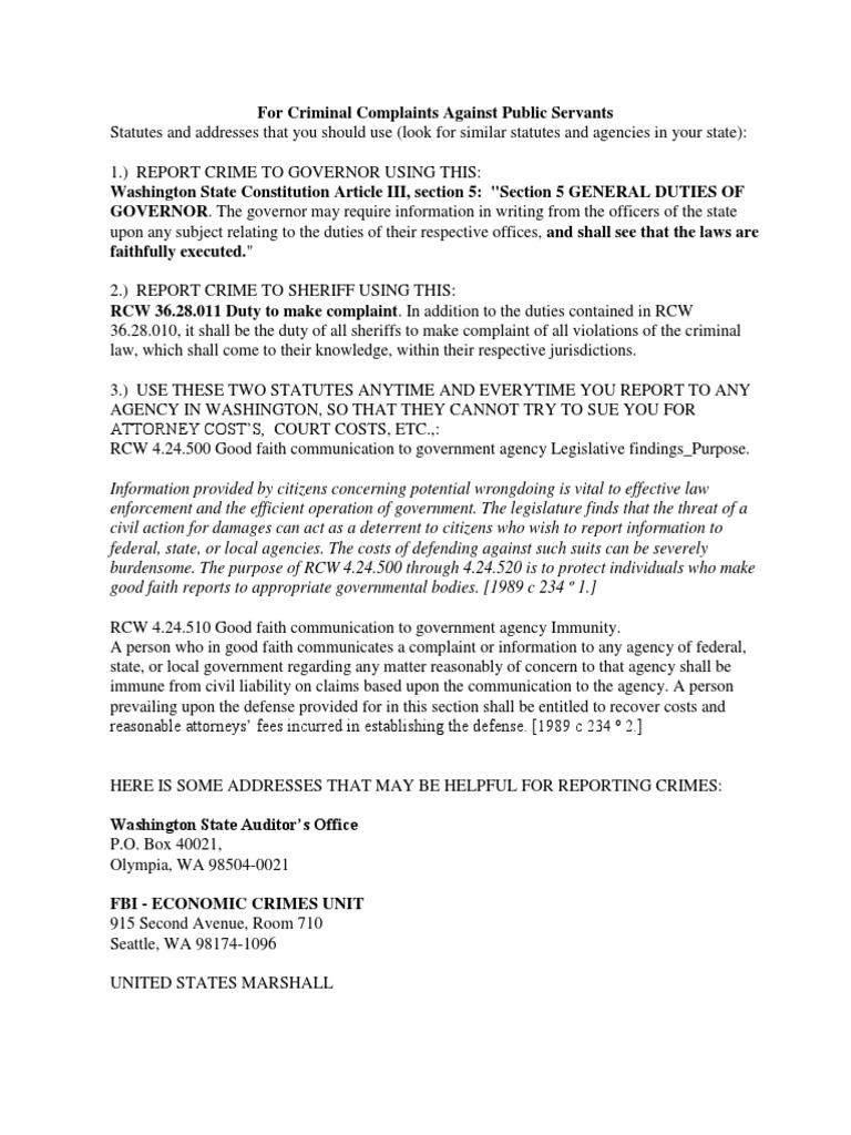 Criminal Complaint Using Agencies and Statutes WA | PDF | U.S. State ...
