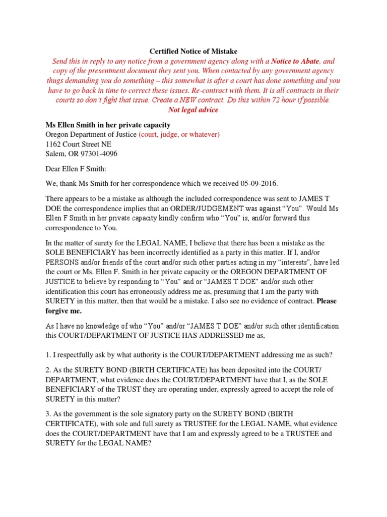 Notice of Mistake - Immediate Response | PDF | Trustee | Surety Bond
