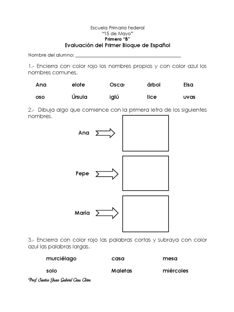 Evaluación Primer Grado BI Español | PDF | Artes del Lenguaje y ...