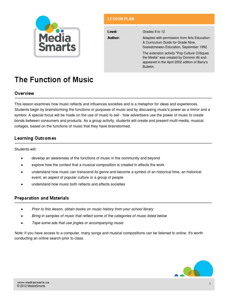 The Function of Music: Lesson Plan | PDF | Songs | Advertising