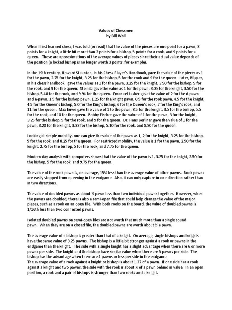 Values of Chessmen by Bill Wall | PDF | Chess Theory | Games Of Mental ...