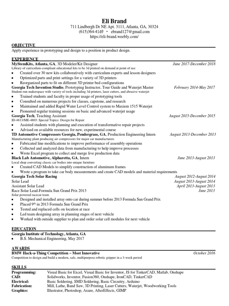 Eli Alec Brand Resume | PDF | 3 D Printing | Prototype