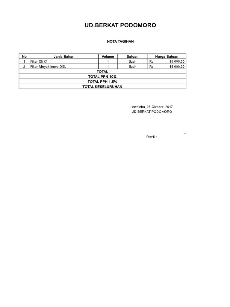 Rincian Nota Tagihan Bahan Otomotif | PDF