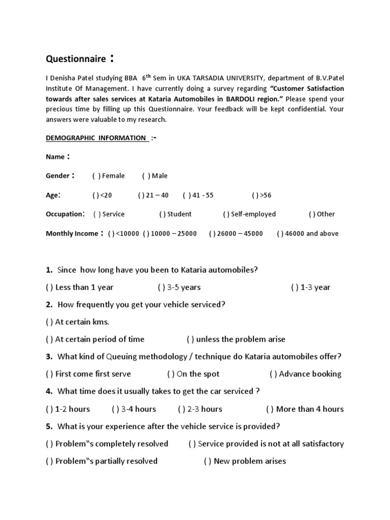 Questionnaire: Towards After Sales Services at Kataria Automobiles in ...