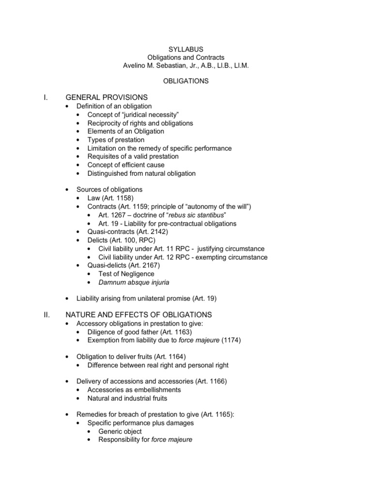 Oblicon - Syllabus | PDF | Trust Law | Offer And Acceptance