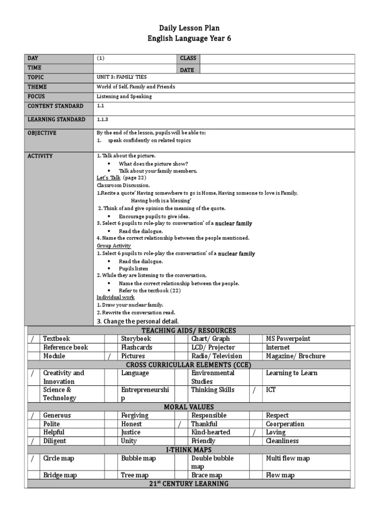 Daily Lesson Plan English Language Year 6 | PDF | Educational ...