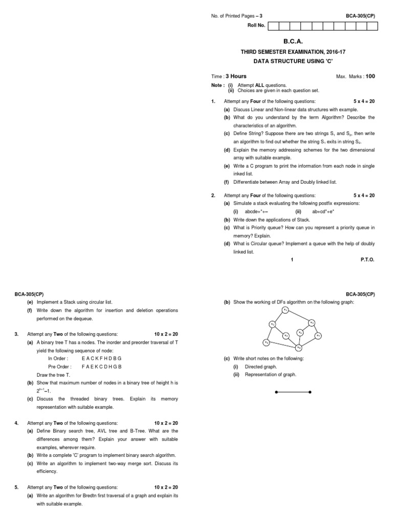 Data Structure Using 'C' 3 Hours 100: Third Semester Examination, 2016 ...