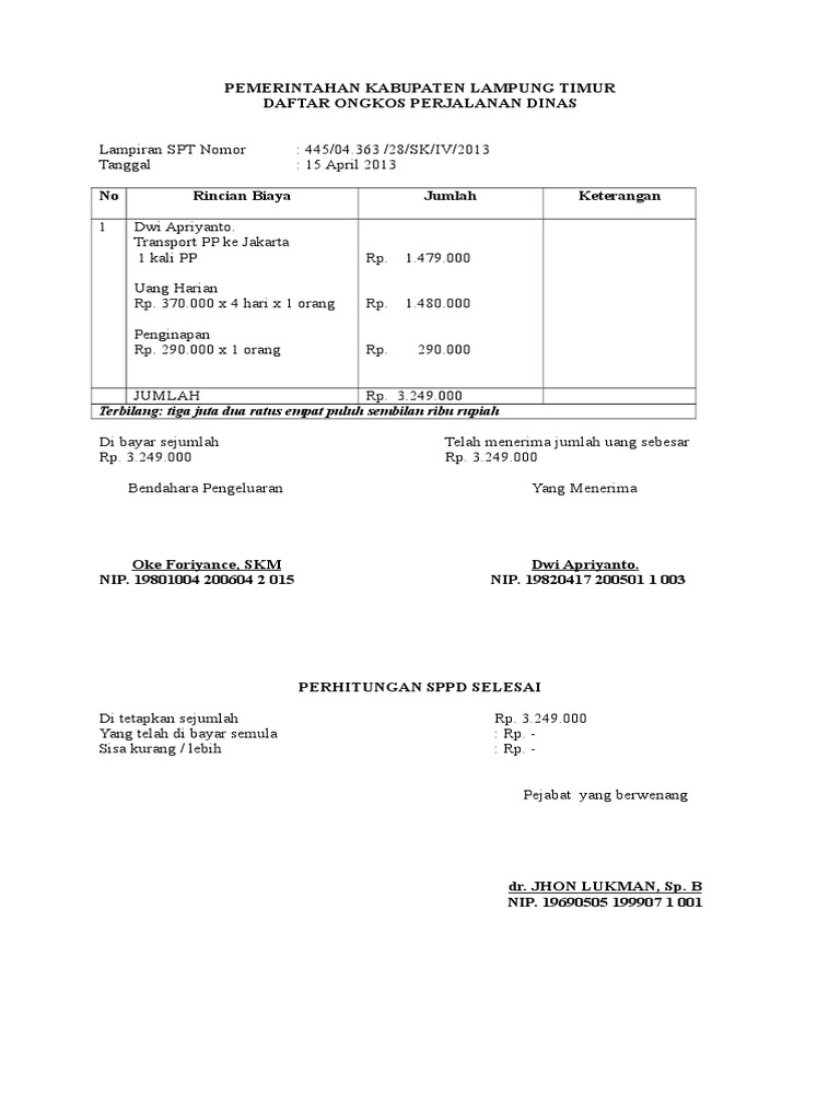 SPJ Daftar Ongkos Perjalanan Dinas | PDF