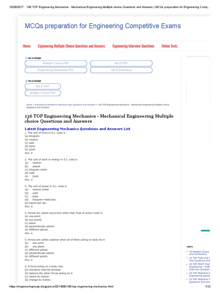 136 Top Engineering Mechanics Question and Answers PDF | PDF | Torque ...