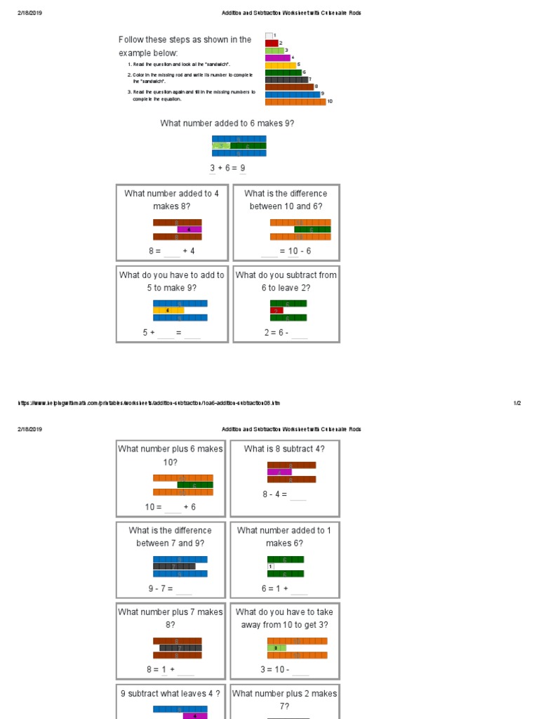 Addition and Subtraction Worksheet Using Cuisenaire Rods to Model and ...